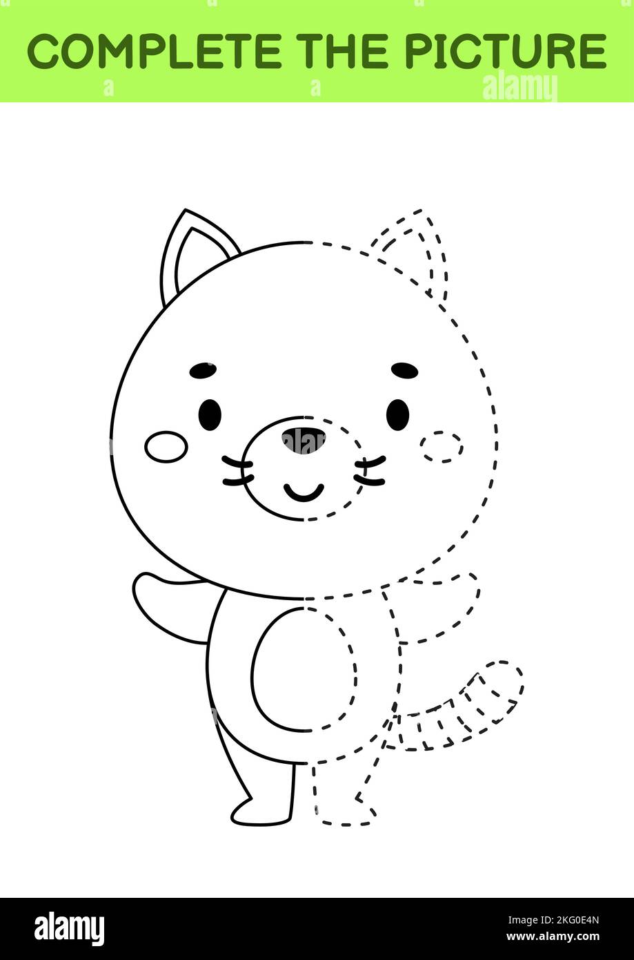 Complete drawn picture of cute cat. Coloring book. Dot copy game ...