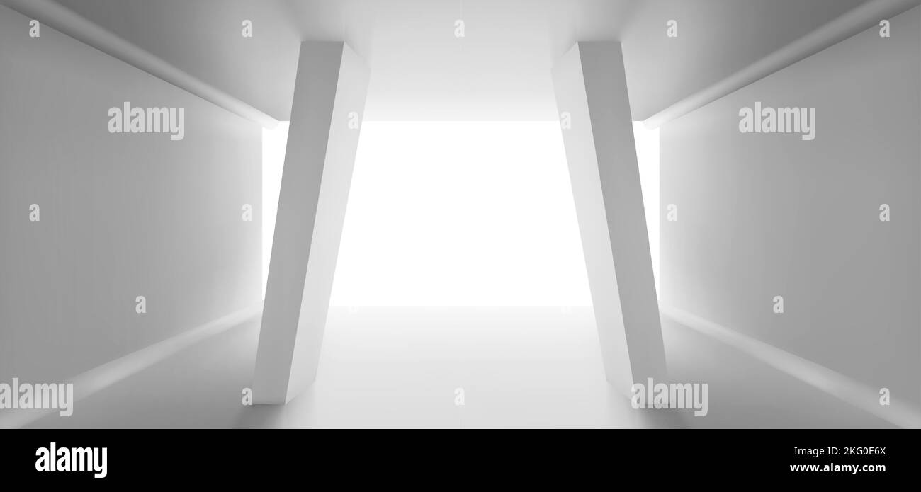 Abstract room, white corridor space, tunnel with beams hold ceiling and ...