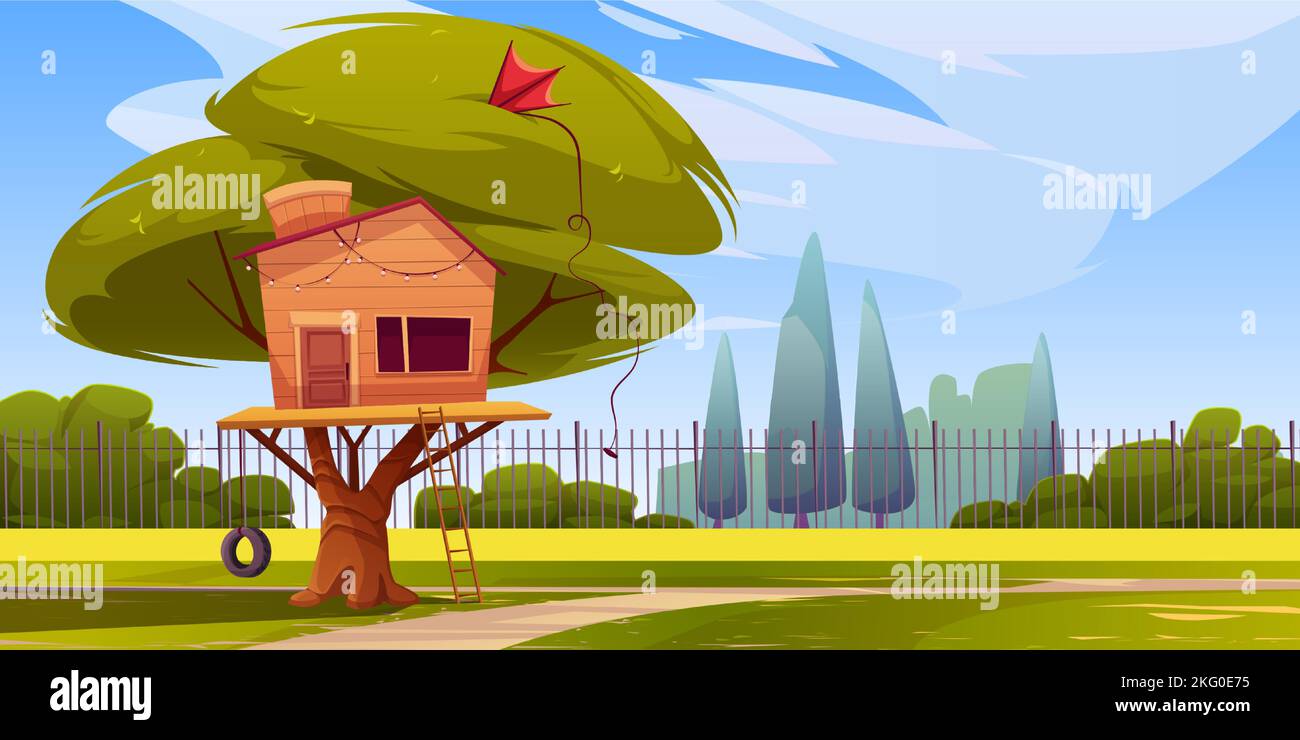 Tree house on fenced green lawn, kids hut in garden, park or house ...