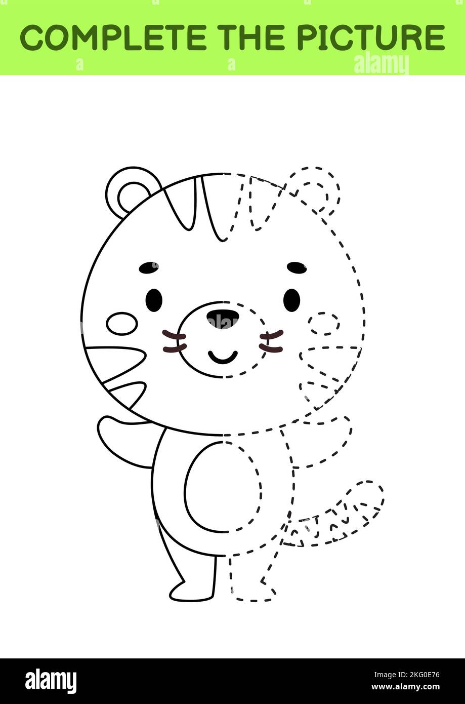 Complete drawn picture of cute tiger. Coloring book. Dot copy game ...