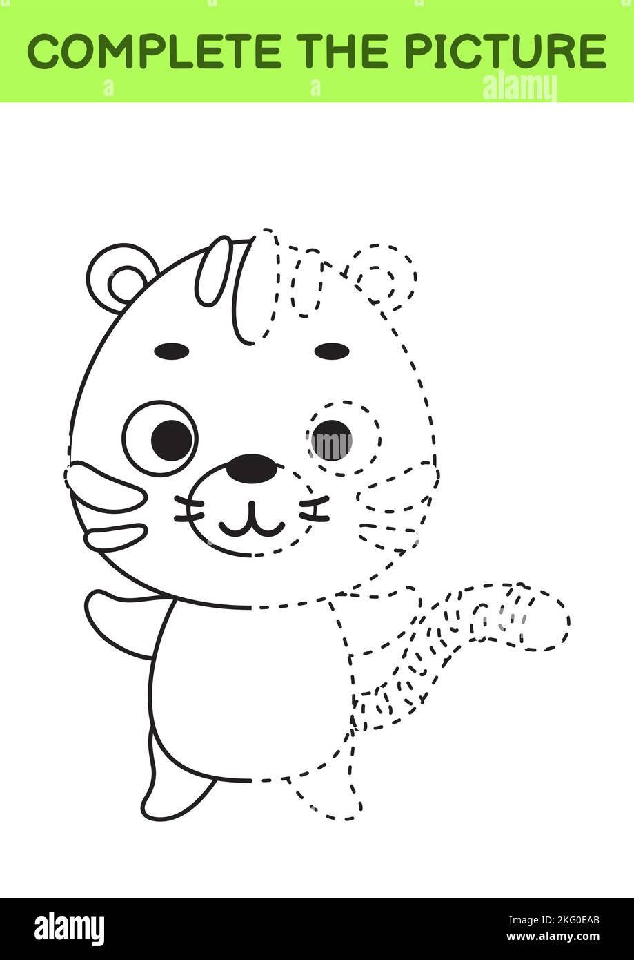Complete drawn picture of cute tiger. Coloring book. Dot copy game ...