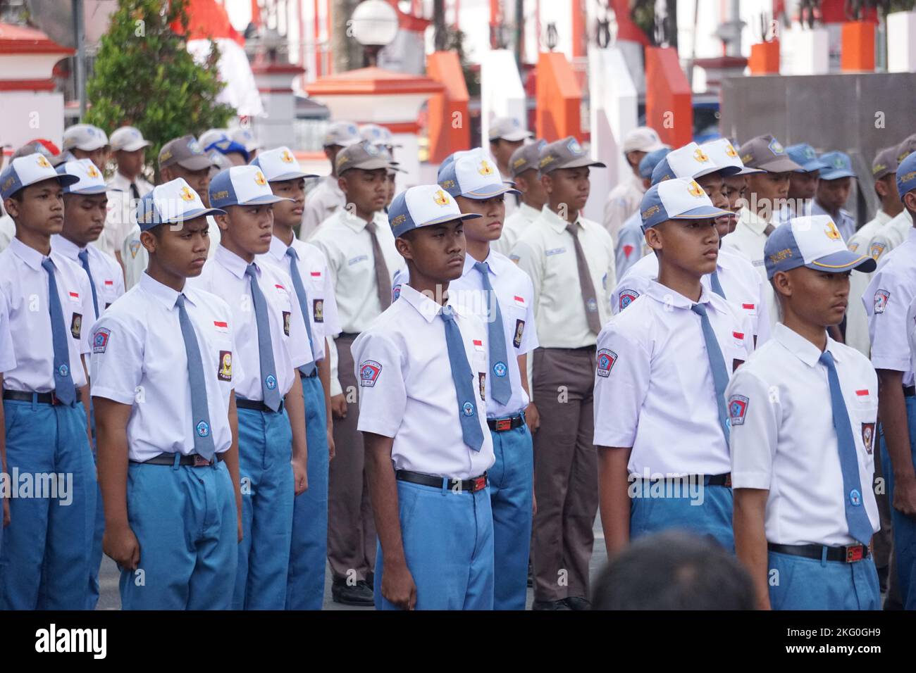 Indonesian senior high school students with uniforms, marching to ...