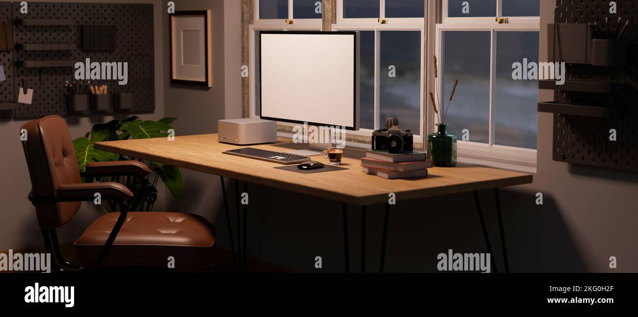 Modern minimal home workspace at night with PC desktop computer mockup ...