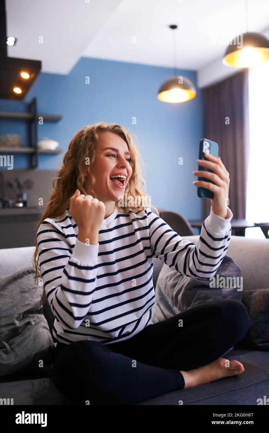 Happy woman rejoice, celebrate start-up competition victory, promotion ...