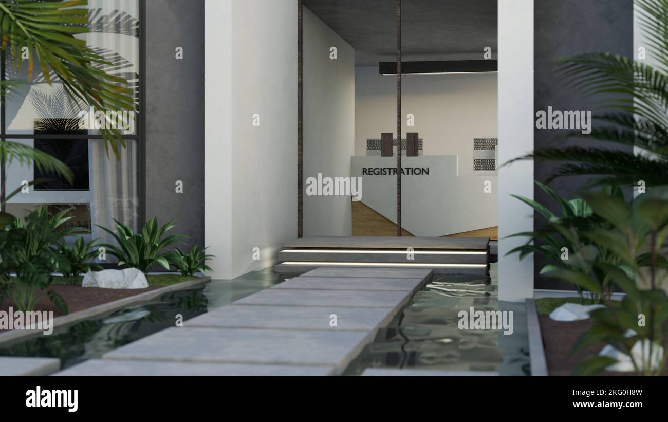 Modern office building entrance door with tropical green outdoor garden ...