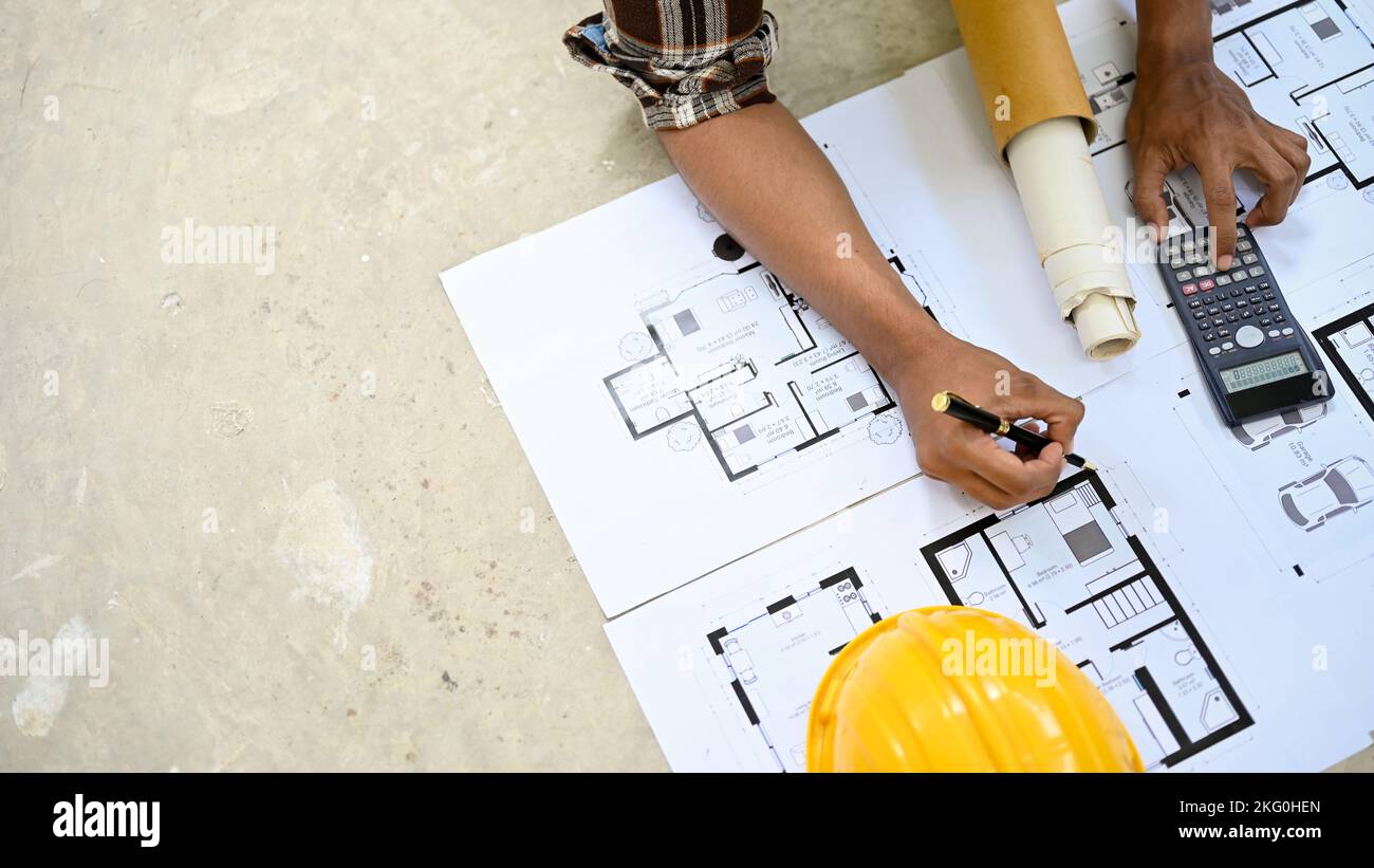 top view, Professional Asian male engineer or architect working and ...