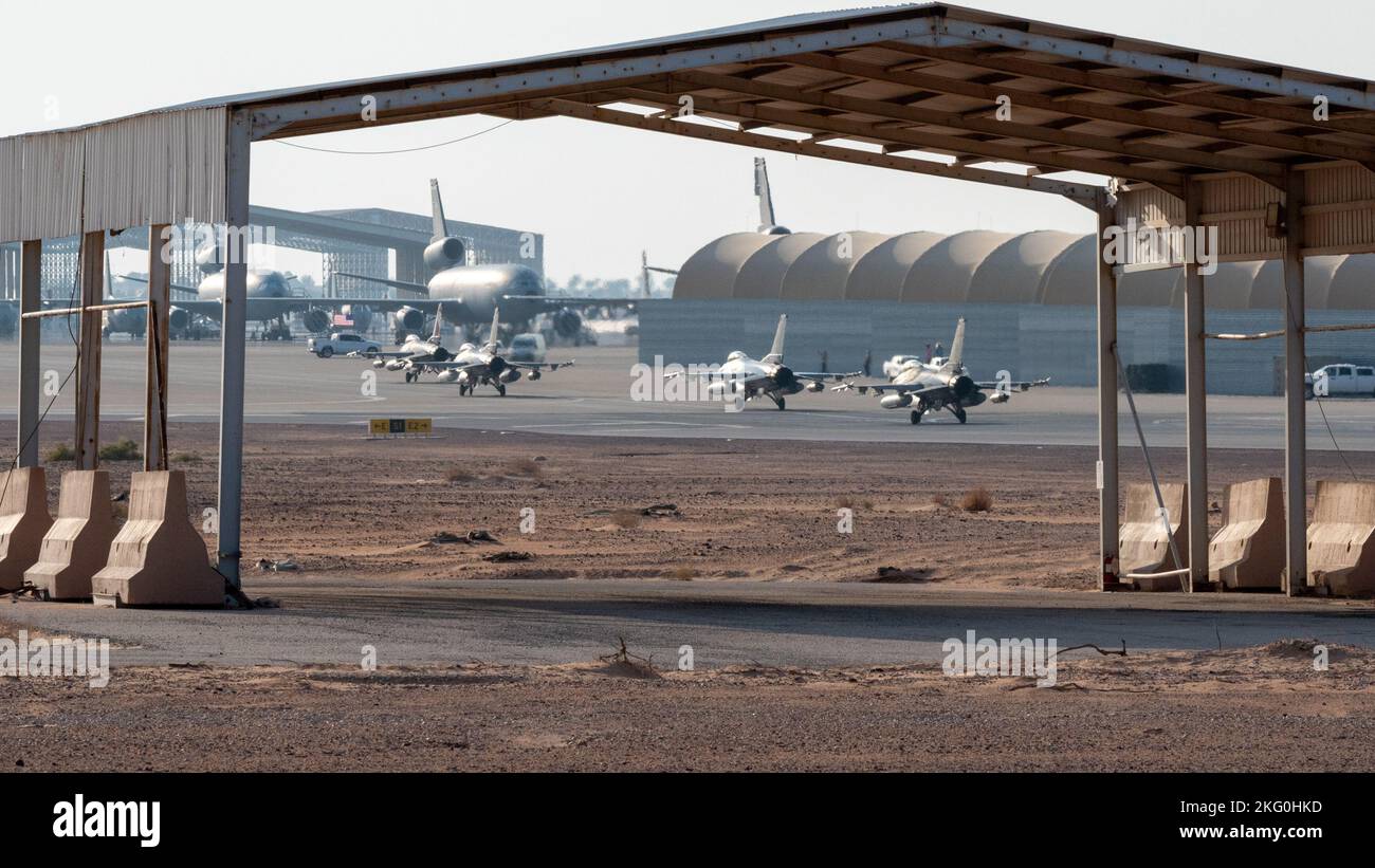 A group of F-16 Fighting Falcon aircraft arrive at Prince Sultan Air ...