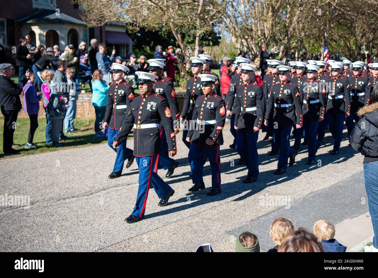 U.S. Marines march in formation during the Yorktown Day parade in ...