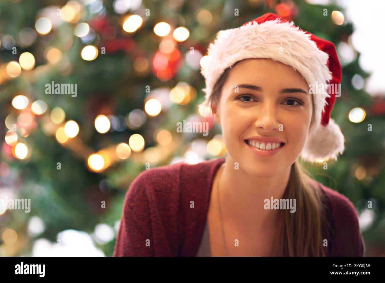 Christmas, woman and happy holiday portrait with cheerful smile at ...