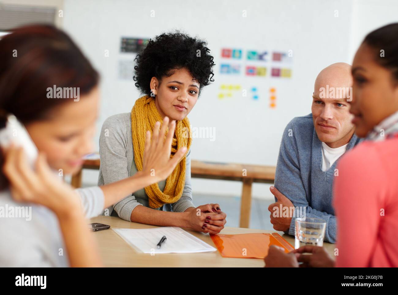 Office, communication and phone call with stop hand for distraction ...