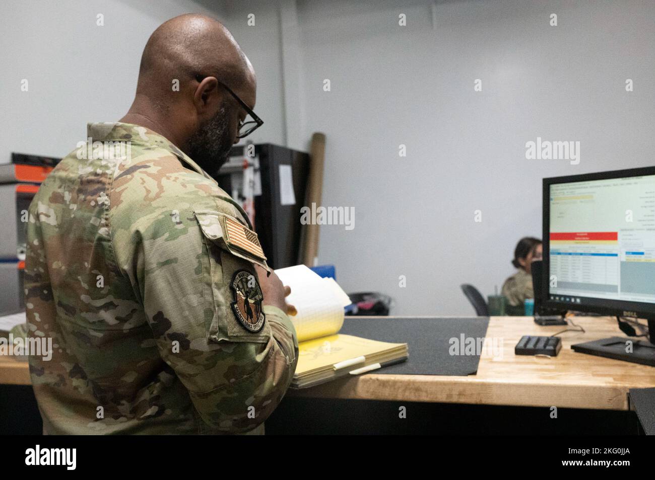 A U.S. Air Force Airman assigned to the 355th Maintenance Group reviews ...