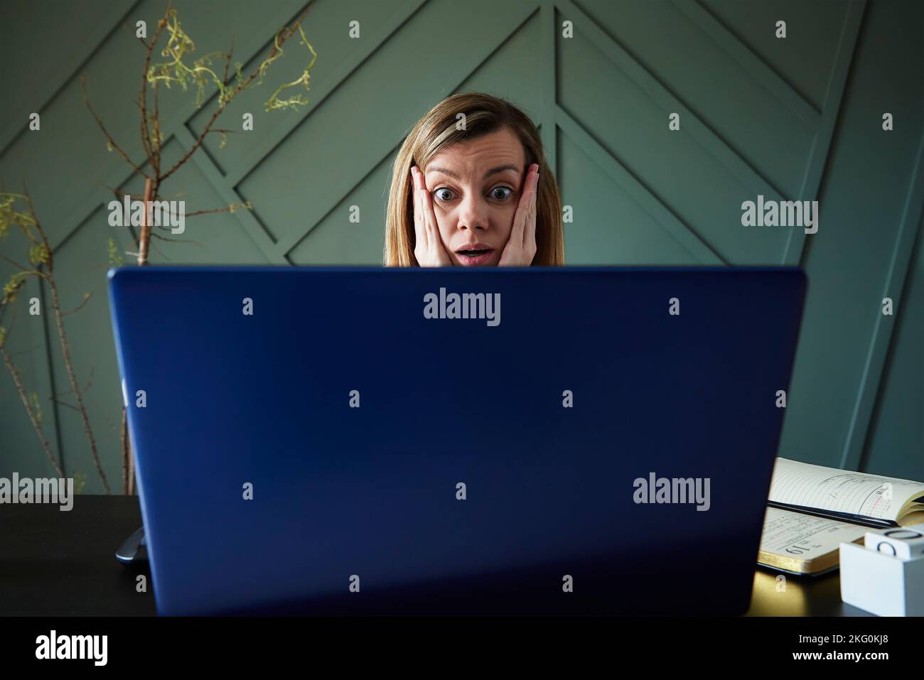 Shocked woman looking at laptop screen with rounding eyes. Excited ...