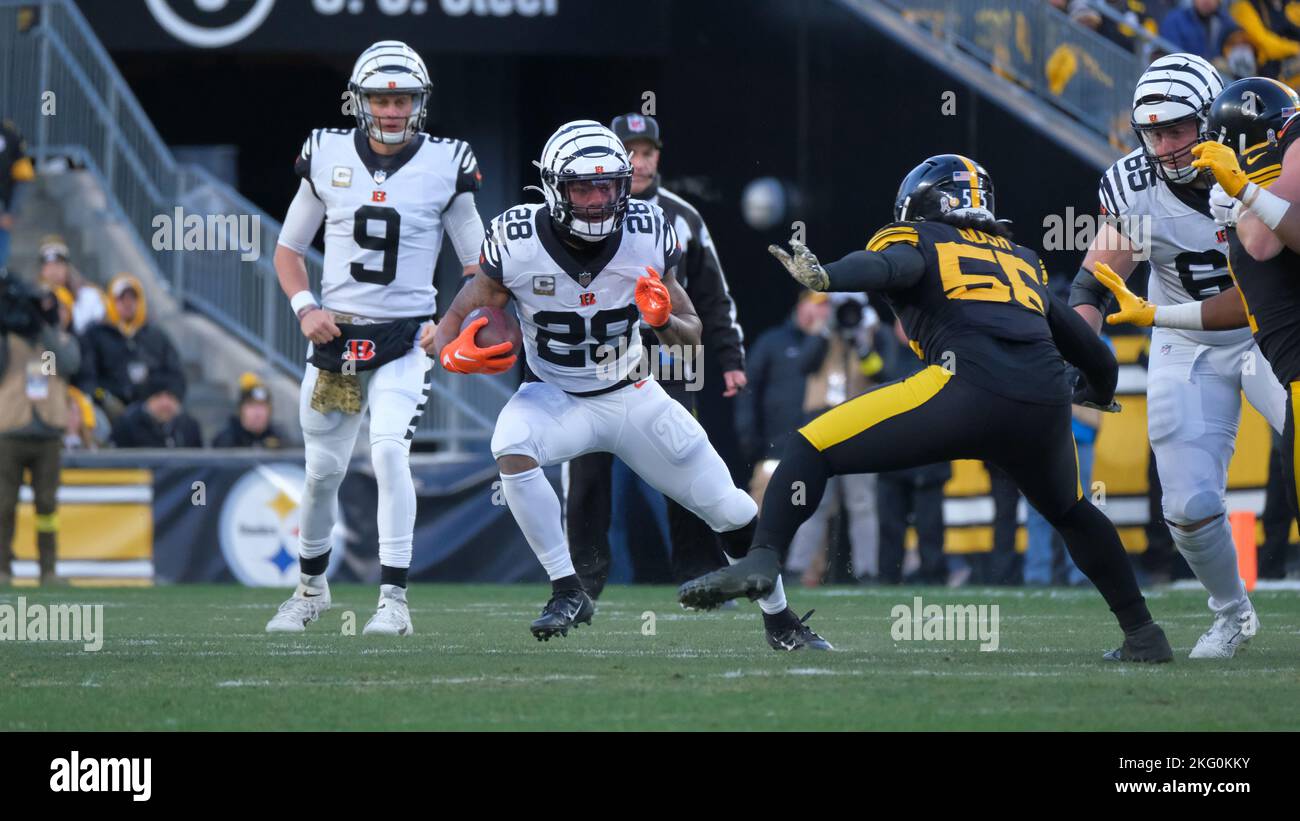 Pittsburgh, PA, USA. 20th Nov, 2022. Joe Mixon (28) during the Steelers ...