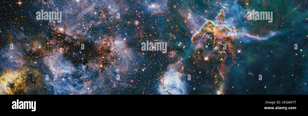 Panoramic looking into deep space. Dark night sky full of stars. The ...