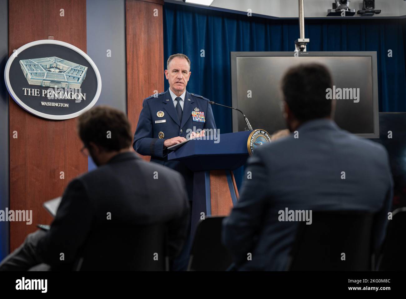 Pentagon Press Secretary Air Force Brig. Gen. Pat Ryder speaks to members of the Pentagon Press ...