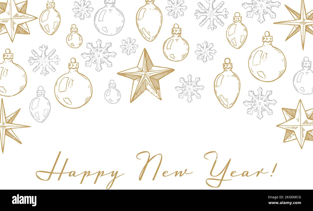 Merry Christmas and Happy New Year horizontal greeting card with hand ...