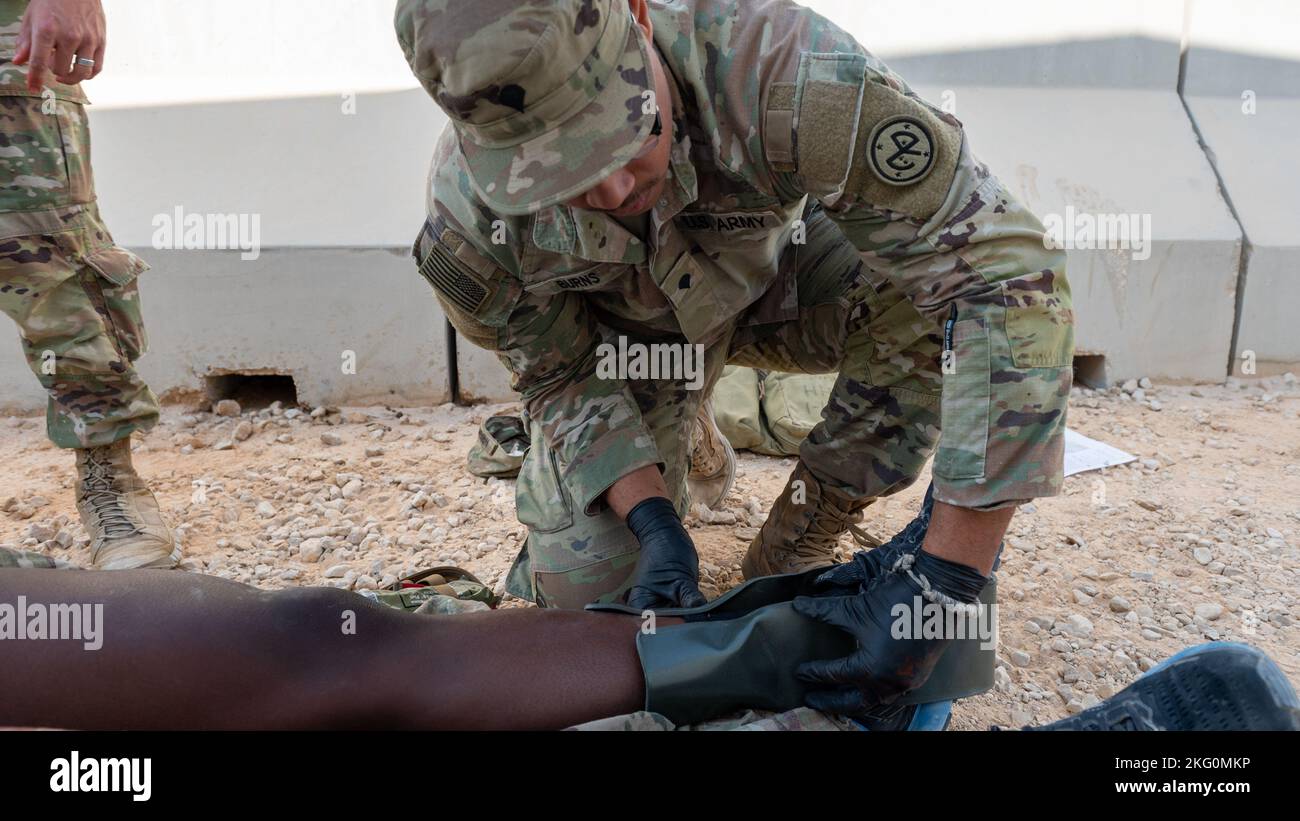 A Soldier assigned to the 1-182nd Infantry Regiment applies a splint to ...