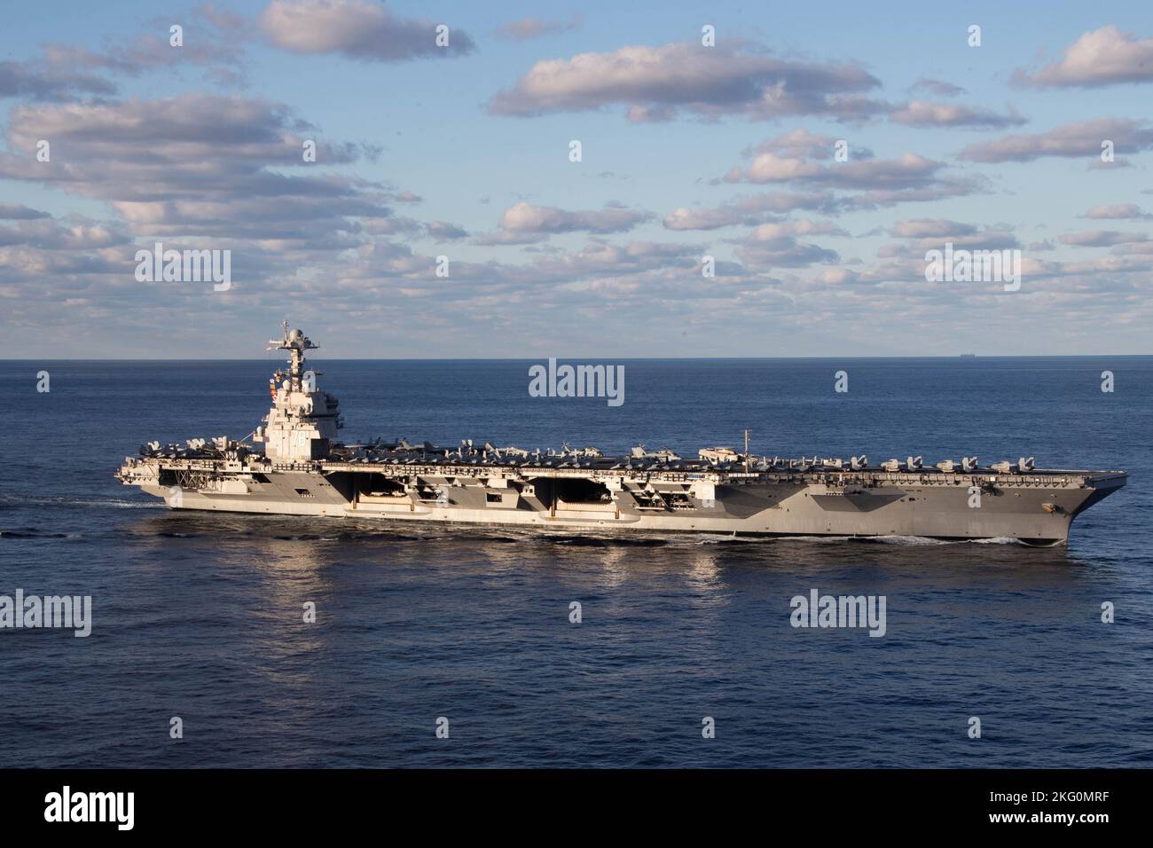 The first-in-class aircraft carrier USS Gerald R. Ford (CVN 78) steams in the Atlantic Ocean ...
