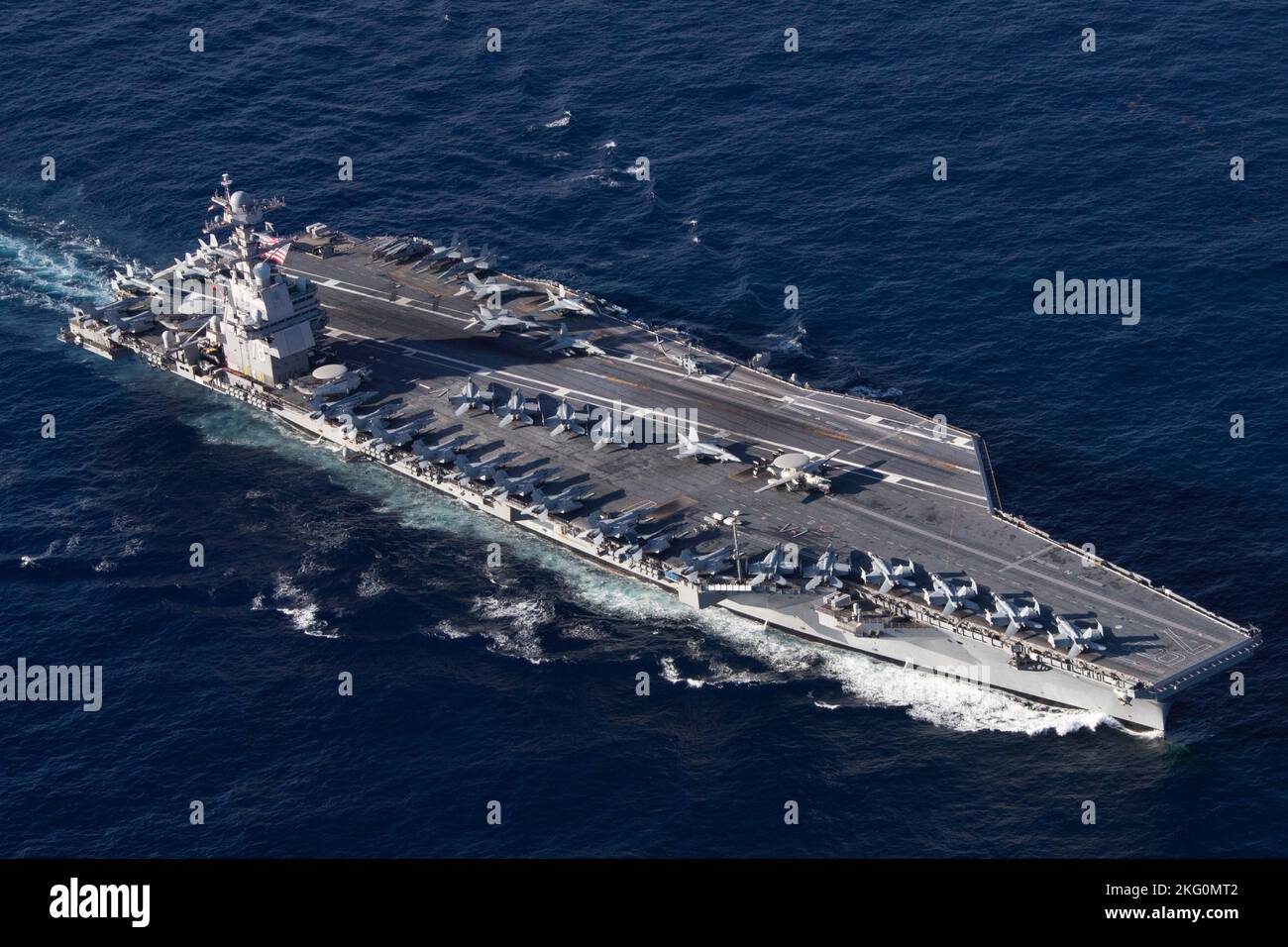 The first-in-class aircraft carrier USS Gerald R. Ford (CVN 78) steams in the Atlantic Ocean ...