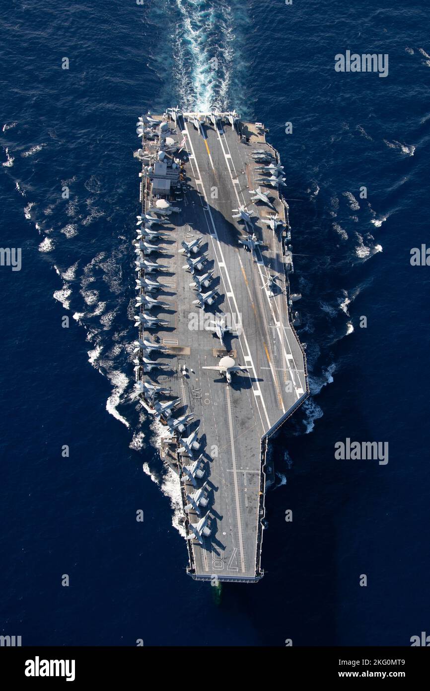 The first-in-class aircraft carrier USS Gerald R. Ford (CVN 78) steams in the Atlantic Ocean ...