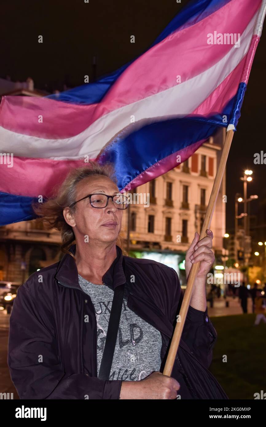 Athens, Greece. 20 November 2022. A participant holds a Transgender ...