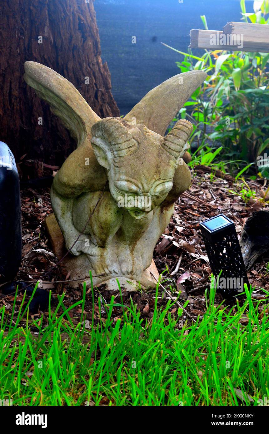A gargoyle in a garden on a farmlet in Victoria, Australia Stock Photo ...