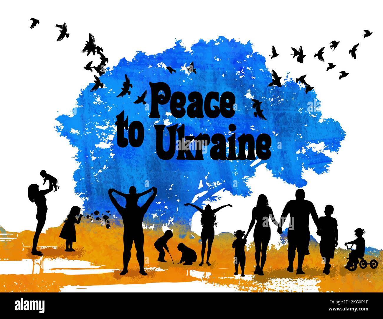 Together with Ukraine. Peace to Ukraine. Landscape with silhouettes of ...