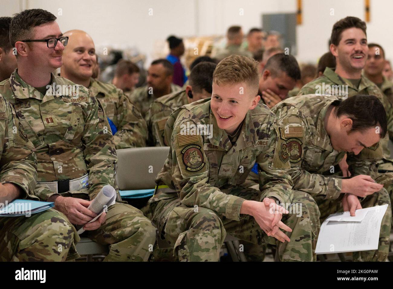 375th Air Mobility Wing Airmen laugh while waiting for a safety ...