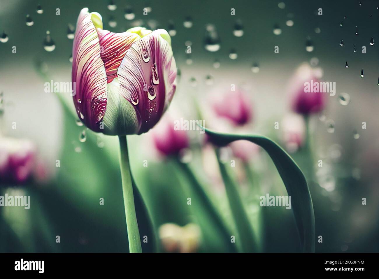 Rain drops falling on gorgeous pink tulips. A creative illustration ...