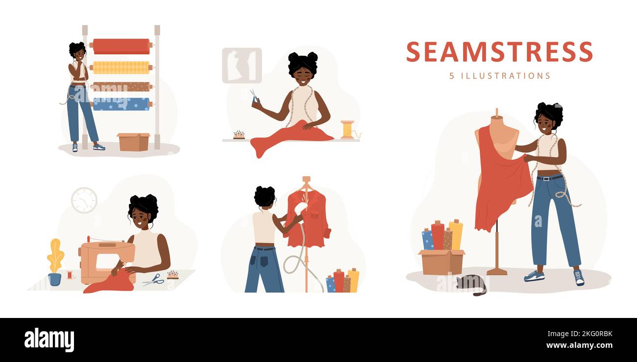 Sewing concept. African woman seamstress sews, cuts, takes measurements ...