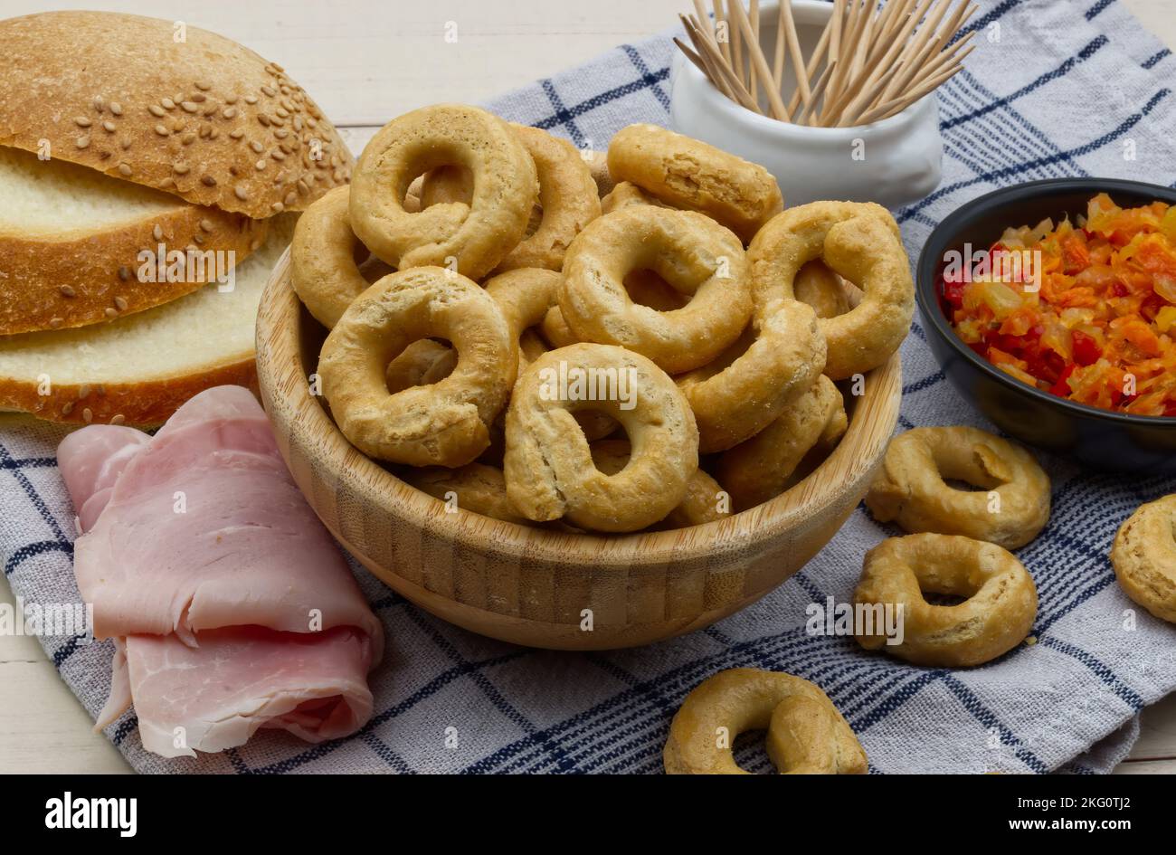 Taralli alla pugliese with extra virgin olive oil. Traditional Italian ...