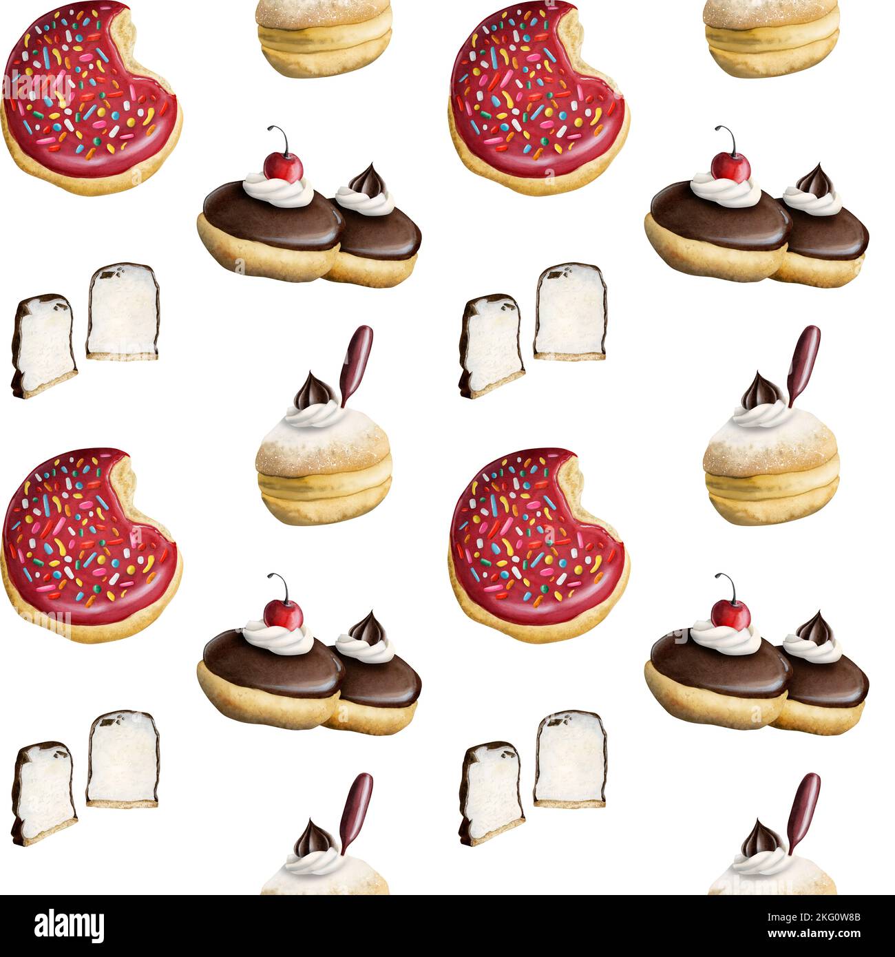 Watercolor donuts seamless pattern. Hand drawn background. Chocolate ...