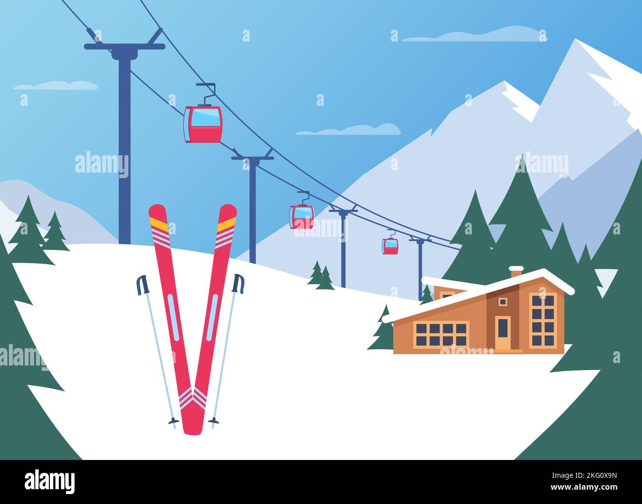 Ski resort. Winter mountain landscape with lodge, ski lift. Winter ...
