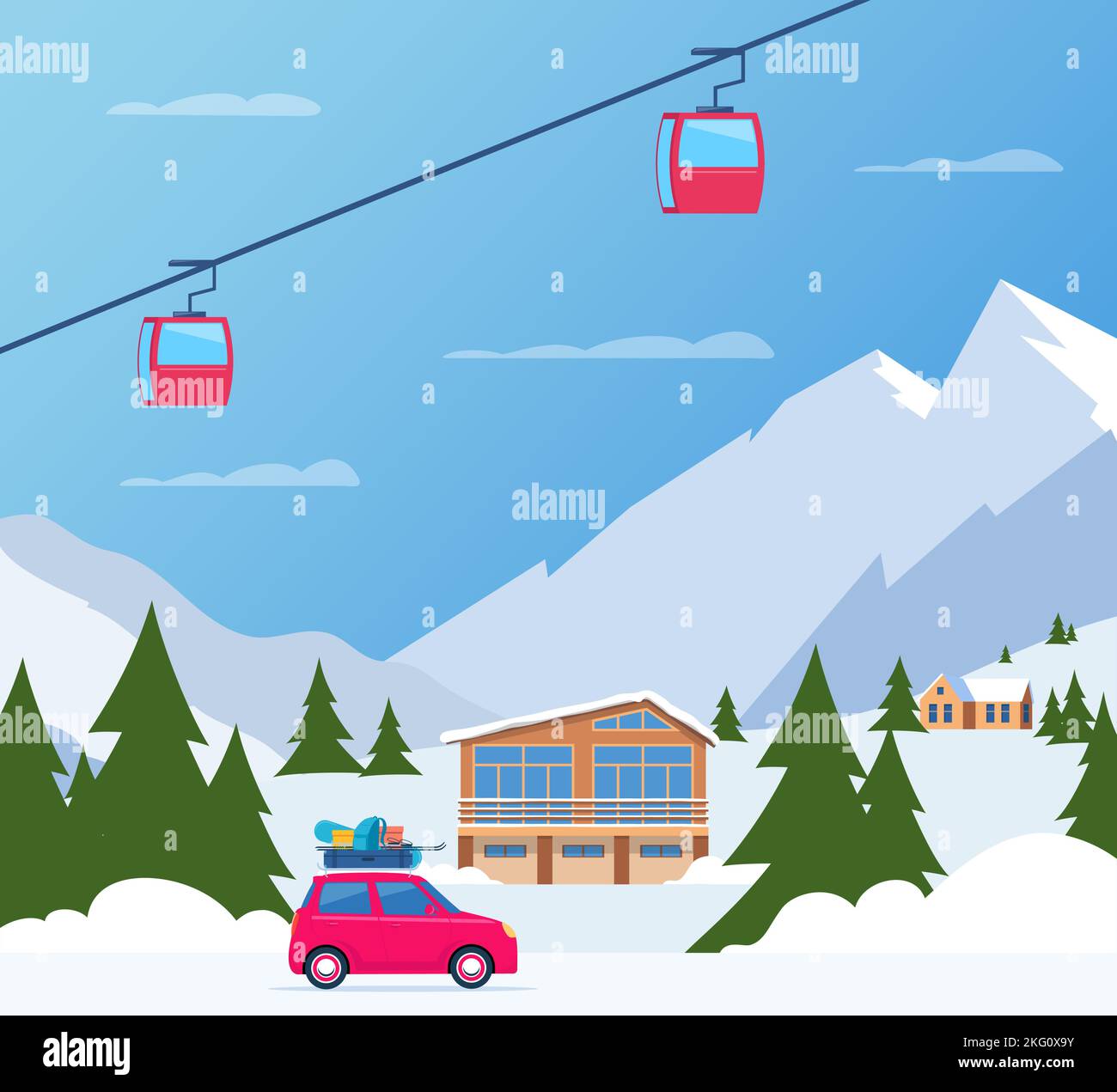 Winter Skiing holiday trip to mountains. Cute small car with ski and ...