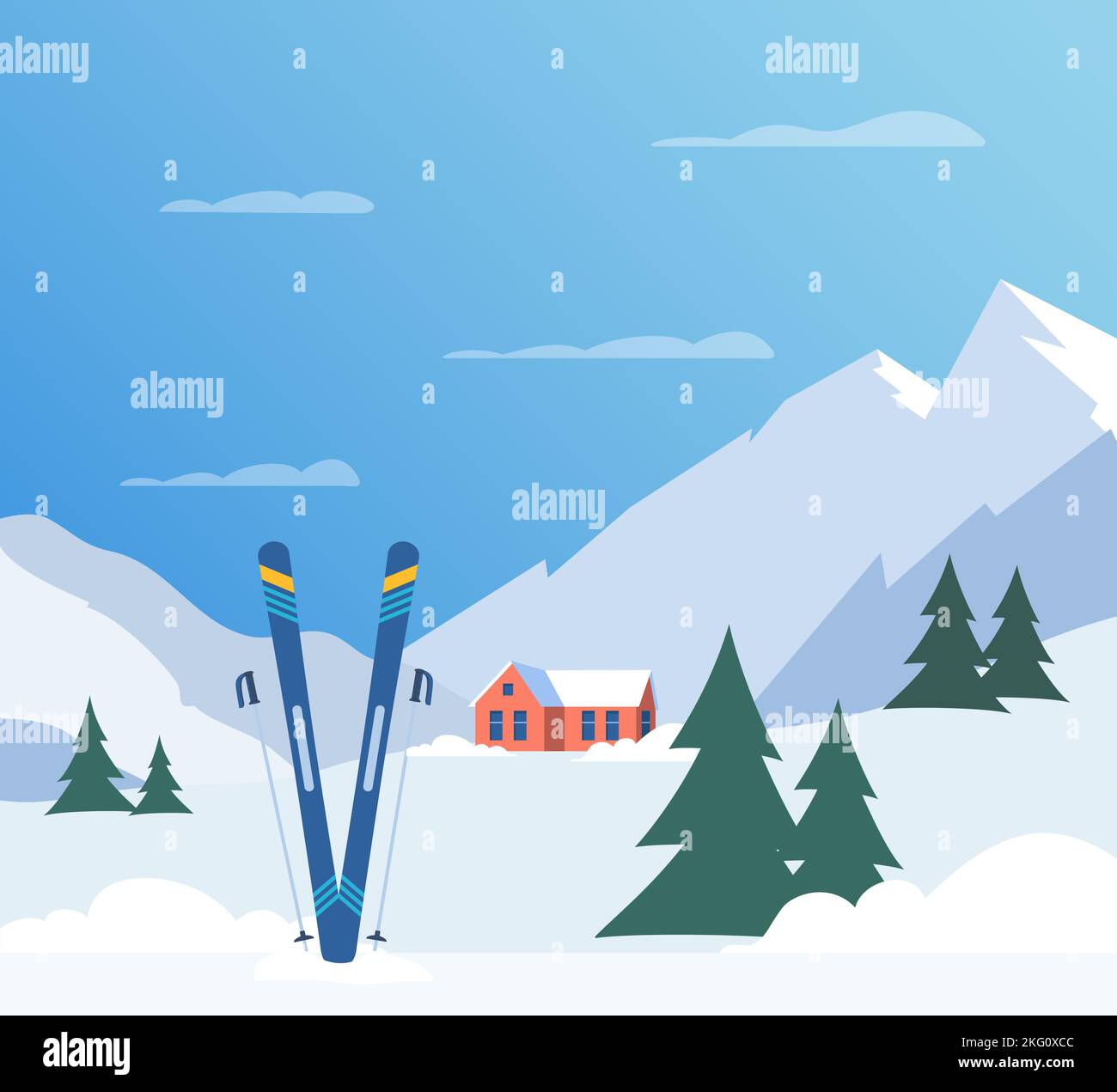 Ski resort. Winter mountain landscape with lodge, ski lift. Winter ...