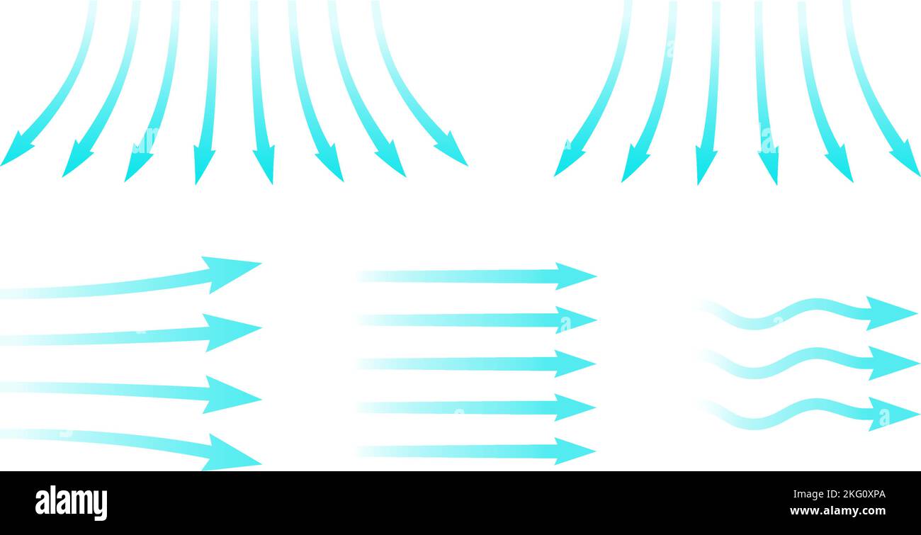 Air flow. Set of blue arrows showing direction of air movement. Wind direction arrows. Blue cold ...