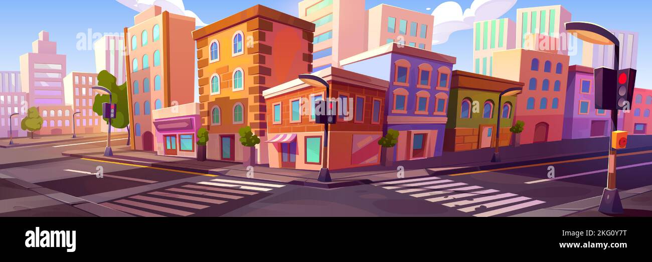 City street with old houses, car road intersection with pedestrian ...