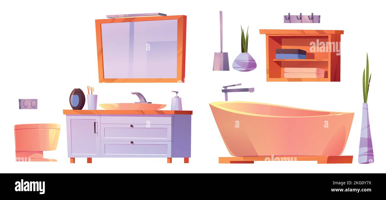 Bathroom interior set with bath, sink, toilet bowl, mirror and shelf ...