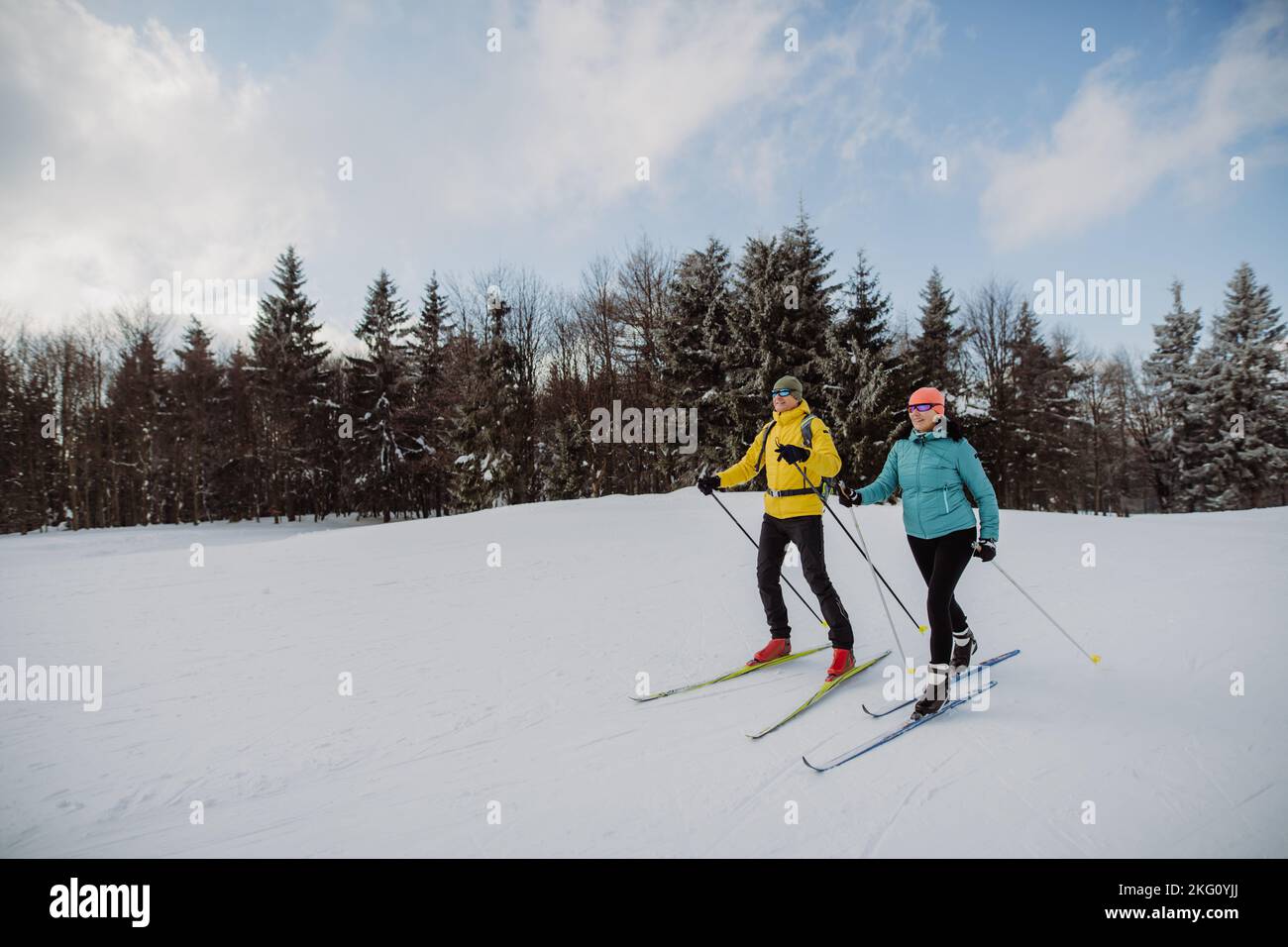 Senior couple skiing together in the middle of forest Stock Photo - Alamy