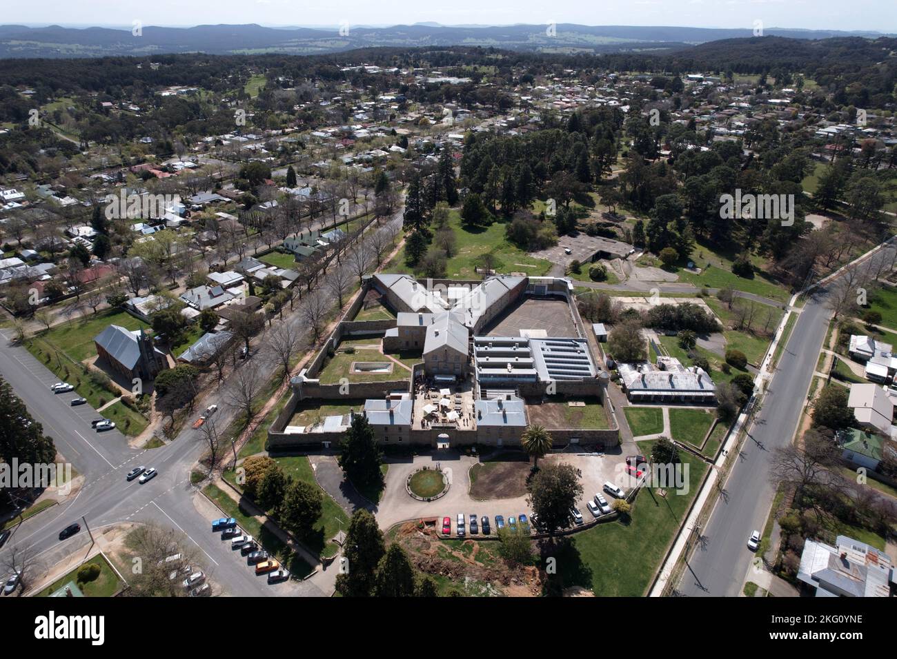 An aerial view of cityscape Beechworth surrounded by buildings Stock ...