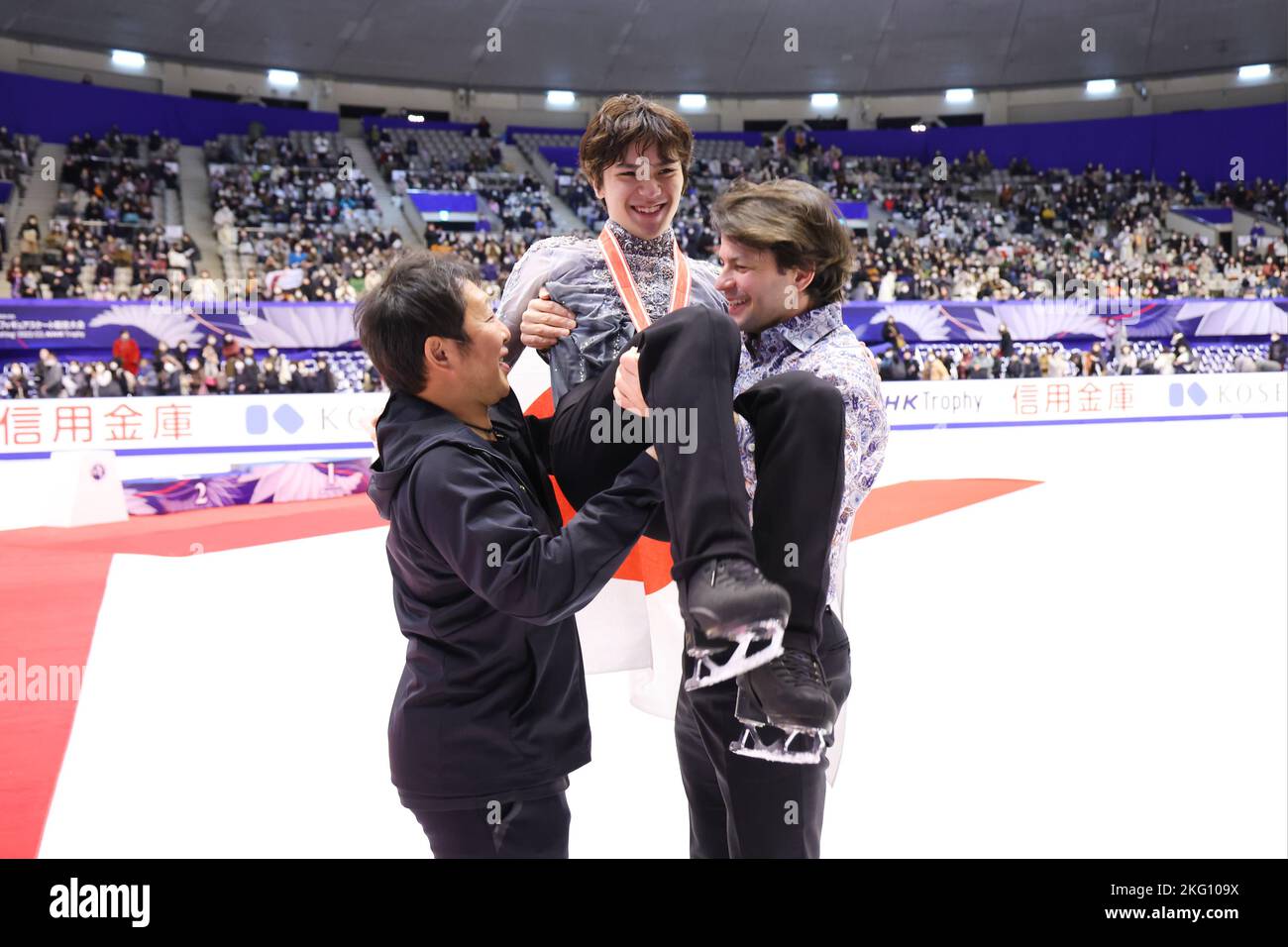 Hokkaido, Japan. 19th Nov, 2022. (L-R) Shinichi Demizu, Shoma Uno (JPN), Stephane Lambiel coach ...