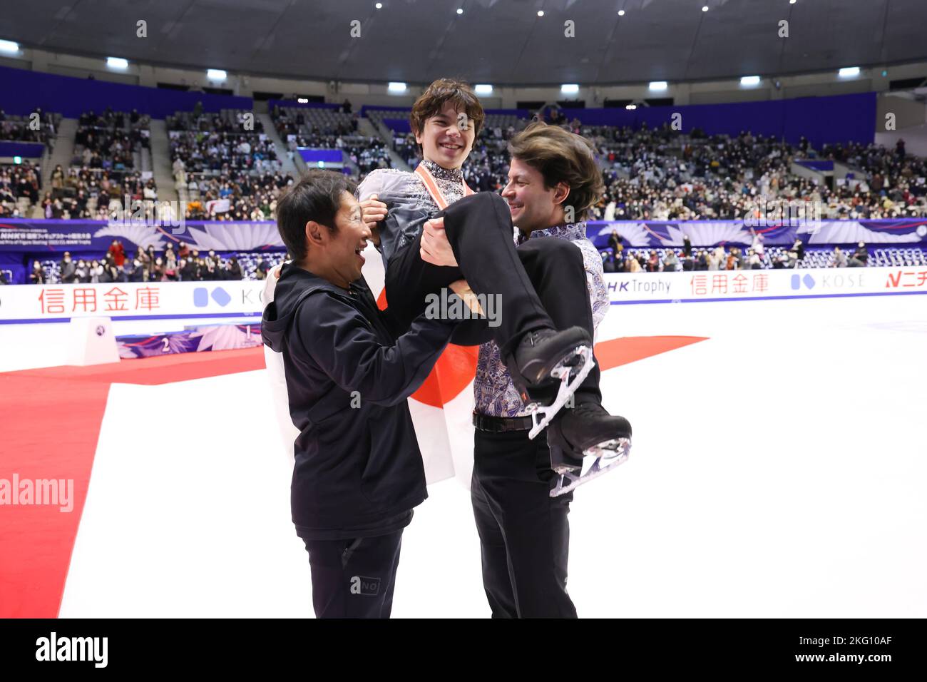Hokkaido, Japan. 19th Nov, 2022. (L-R) Shinichi Demizu, Shoma Uno (JPN), Stephane Lambiel coach ...