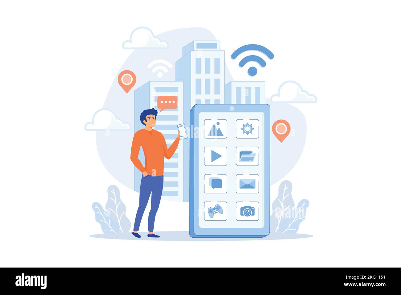 A mens near huge smartphone with application icons on the screen ...