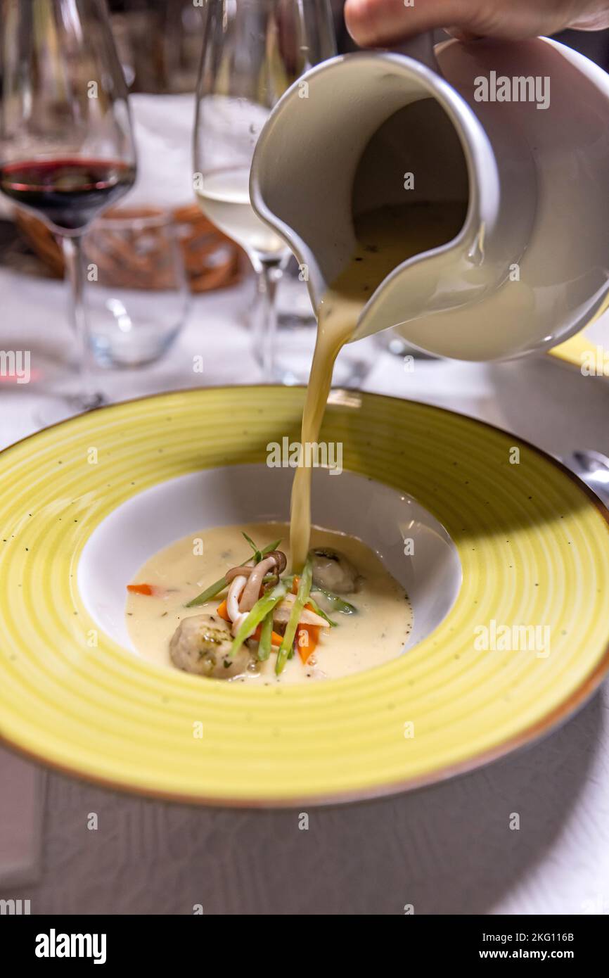 Creative gourmet soup with original serving in restaurant Stock Photo ...
