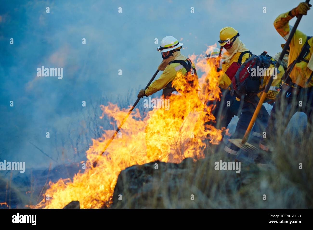 Taking on the flames. fire fighters combating a wild fire Stock Photo ...