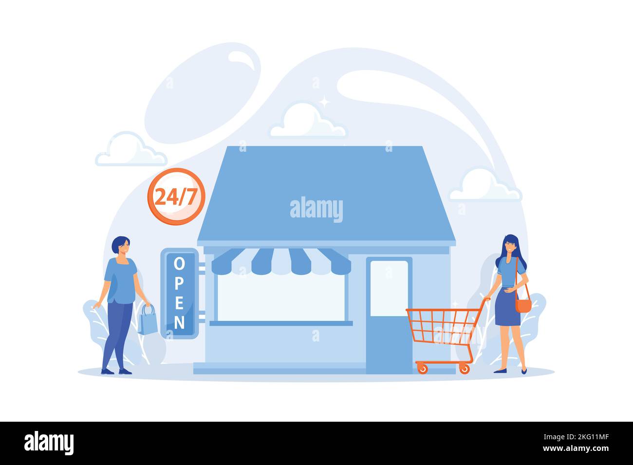 24 hours open shop flat vector illustration. Local store, 24 7 service ...