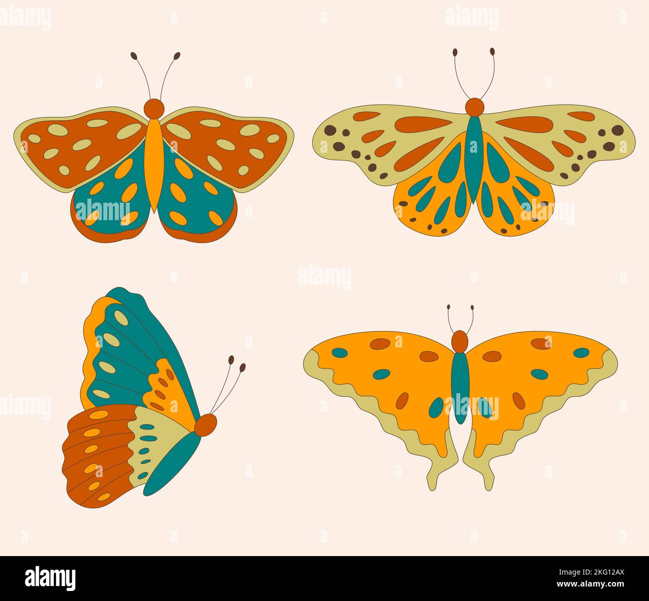 Set of retro 60s 70s hippie groovy butterflies for cards, stickers or ...