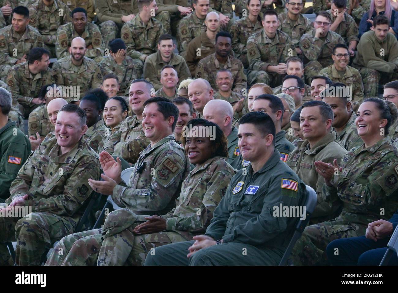 Personnel assigned to the 6th Air Refueling Wing gather for an all call ...