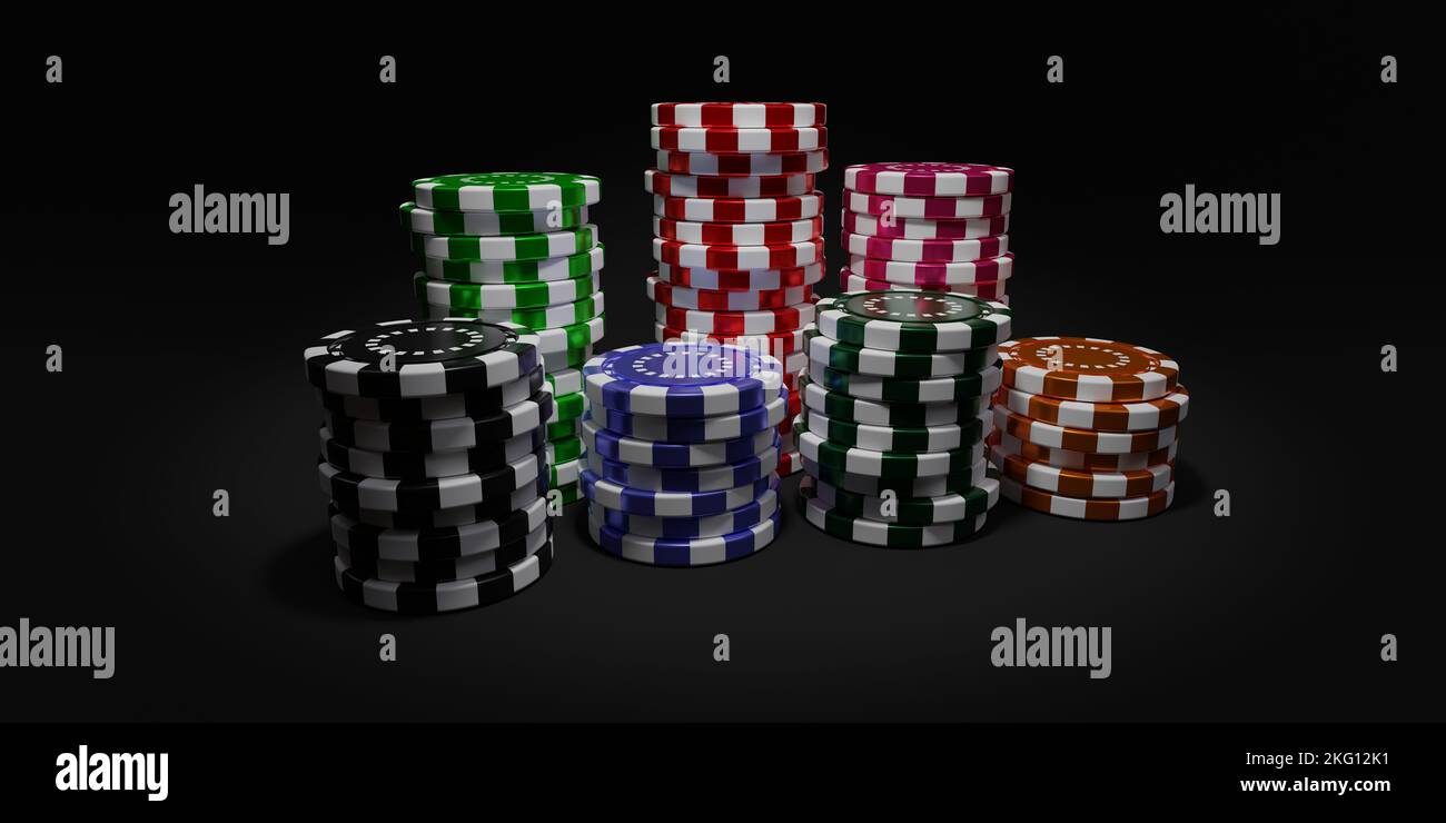Casino gambling chips stacks. Many colors poker chips set in piles on ...