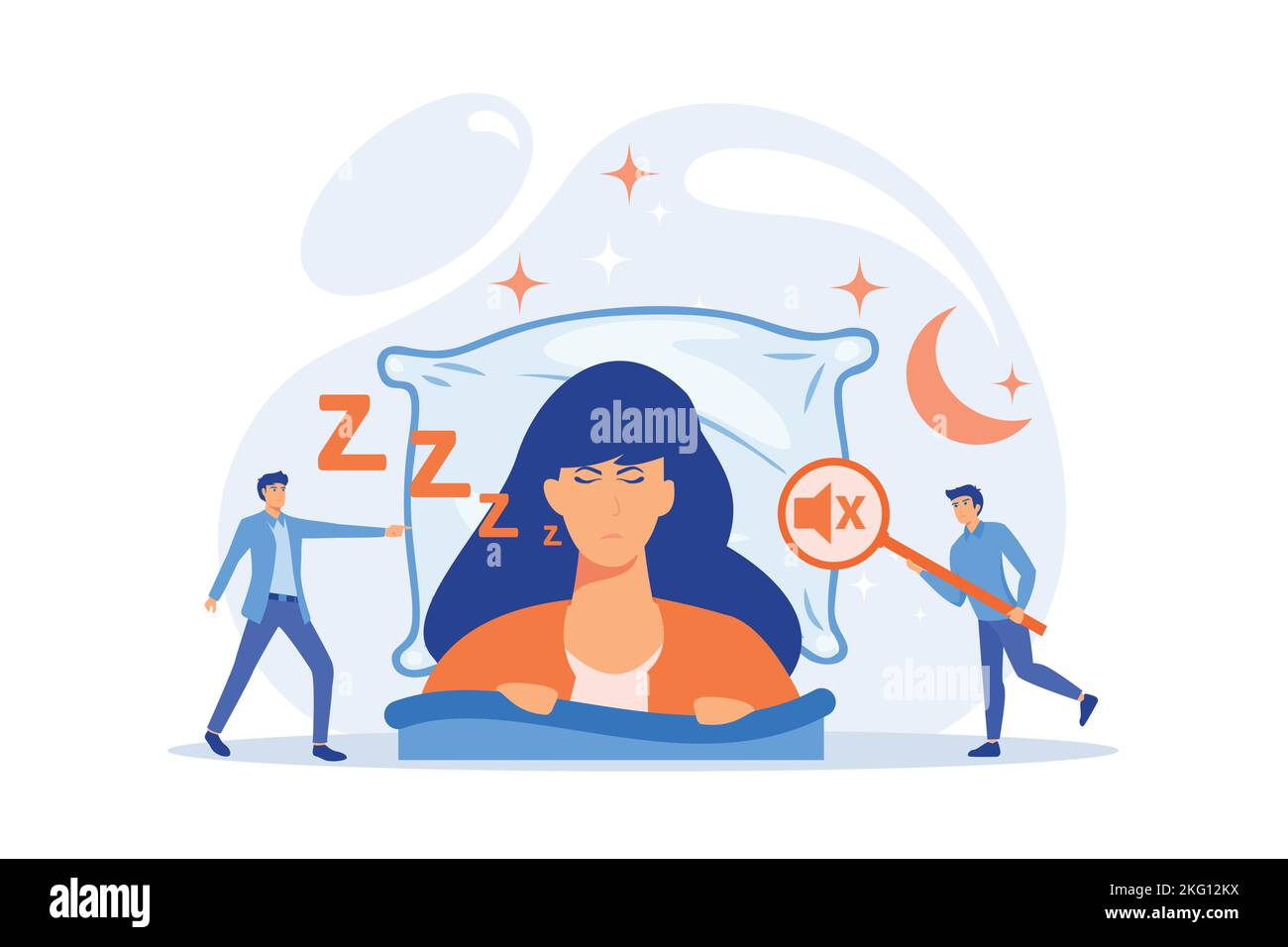 Businessman sleeping in bed and snoring, angry awake tiny people ... Businessman sleeping in bed and snoring, angry awake tiny people ...